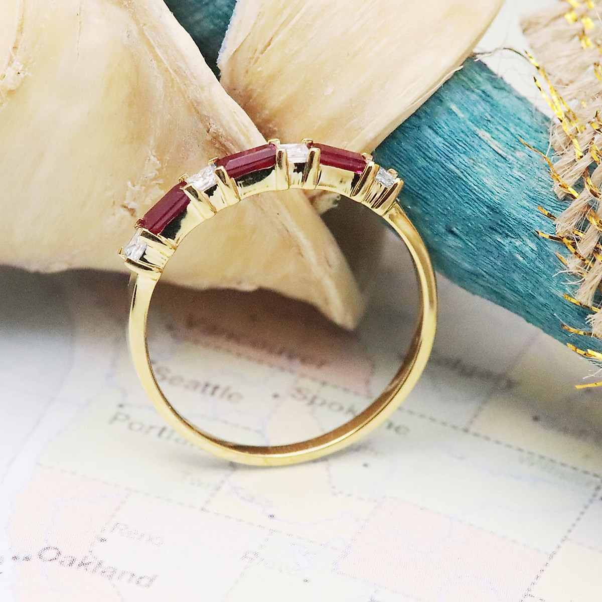 Dazzlingrock Collection 4x2mm Baguette Ruby & Princess White Diamond Wedding Band for Women in 10K Yellow Gold Size 6.5