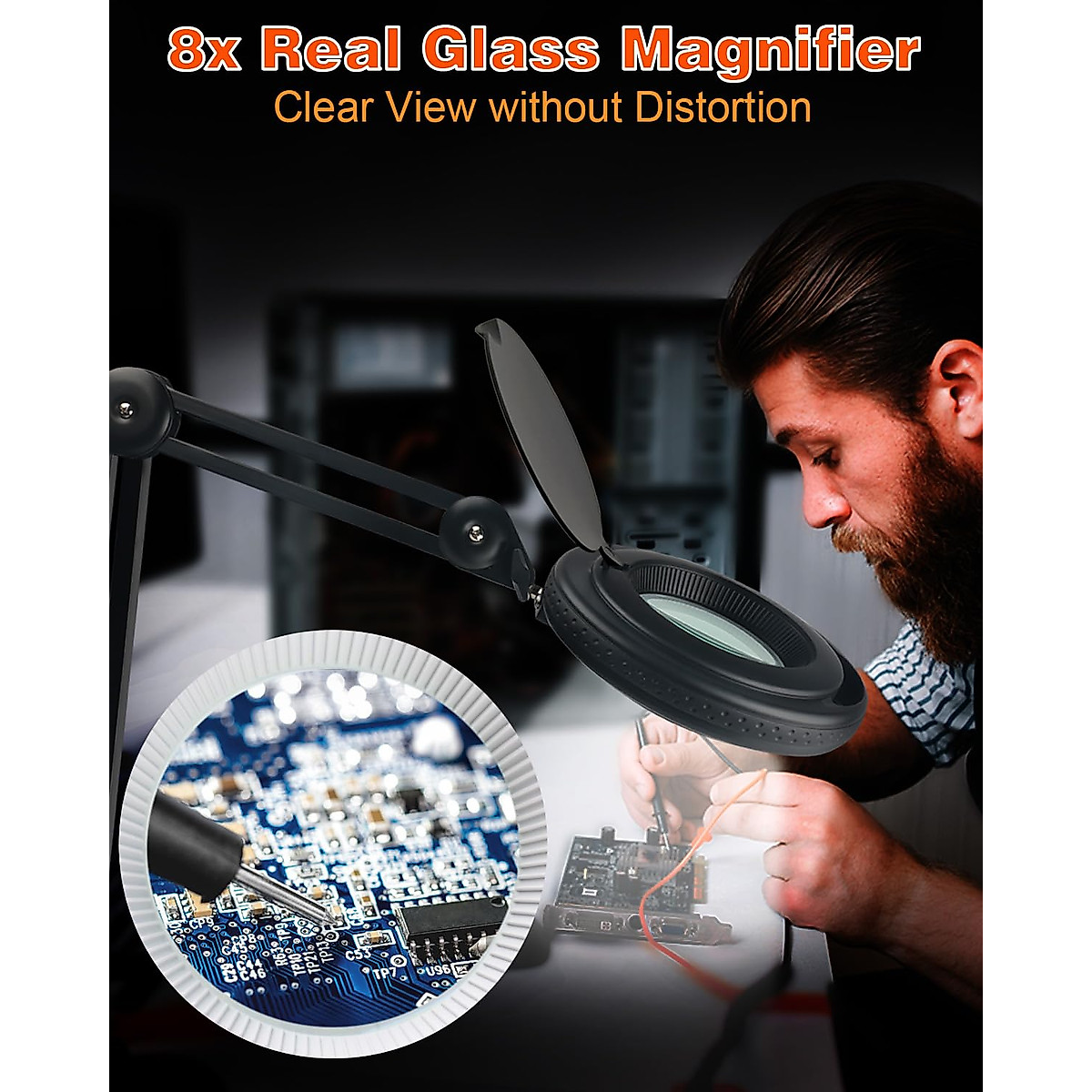 10X Magnifying Glass with Light, Adjustable Swing Arm 2200 Lumens LED Magnifying Desk Lamp with 3 Color Modes Stepless Dimming, Hands Free LED Lighted Magnifier for Close Work, Crafts Repair Painting