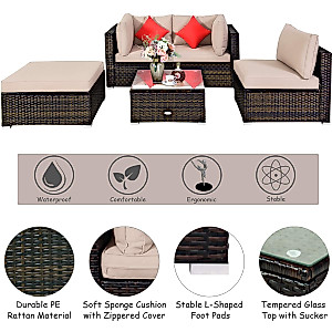 Tangkula 5 PCS Patio Rattan Furniture Set, Outdoor Sectional Rattan Sofa Set with Back & Seat Cushions, Wicker Conversation Set with Tempered Glass Table for Backyard Porch Garden Poolside (Brown)