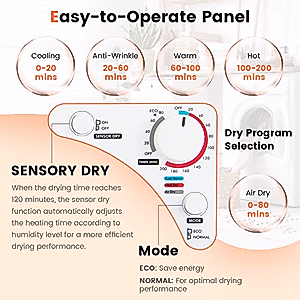 PETSITE Portable Clothes Dryer, Electric Compact Laundry Dryer w/ 5 Drying Selections, Normal & ECO Mode, Stainless-Steel Drum, Overheat Protection, 13.2 lbs Capacity, Ideal for Apartment, Home, Dorm, 1500W, White