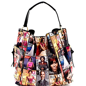 Michelle Obama Magazine Cover Print Multi Pocket 3 in 1 Single Strap Hobo Purse Handbag Crossbody Bag Wallet SET (Patent Leather - BLACK/WHITE)