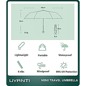 UVANTI Umbrella Small Mini Umbrella with Case - 6 Ribs Light Folding Compact Travel Umbrella Lightweight Portable Parasol for Backpack Purse - Sun & Rain Pocket UV Umbrellas for Kids Girls Boys Women