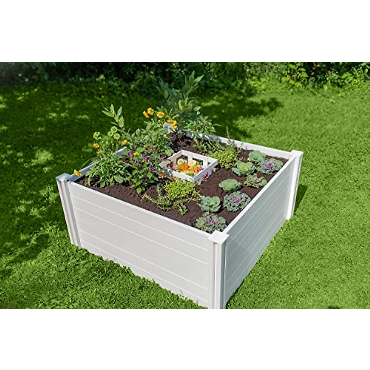 Vita Classic 4 Foot x 4 Foot x 22 inch Keyhole Garden Bed with Composting Basket, White, PVC, BPA and Pthalate Free, VT17101