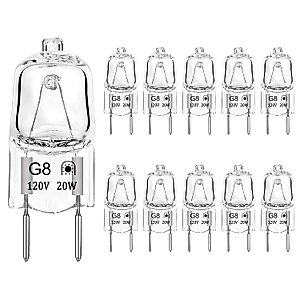 G8 Halogen Bulb 20W 120V Dimmable T4 JCD Type G8 Base Bi-Pin Xenon Bulb for Under Cabinet Puck Lights, Kitchen Hood, Landscape Lights, Warm White 2700K (10 Pack)