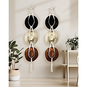Gute Macrame Hat Hangers, Boho Hats Rack for for Wall Hanging, Black White Woven Women Hat Holder Organizer for Wide Brim and Fedoras Sun Hat Cowboy Hat Display(White,3 Hat Style)