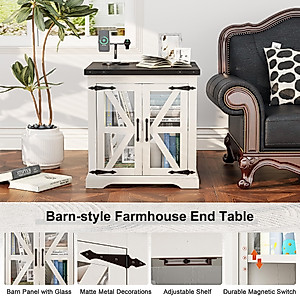 Farmhouse End Table with Charging Station, 24" Large Sofa Side Table with Glass Barn Door, White Nightstand with Adjustable Storage Shelf, Rustic Wood Bedside Table for Living Room, Bedroom