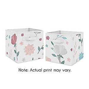 Sweet Jojo Designs Floral Rose Flowers Foldable Fabric Storage Cube Bins Boxes Organizer Toys Kid Baby Childrens - Set of 2 - Blush Pink Teal Turquoise Aqua Blue Grey Pop Flower Boho Shabby Chic Roses
