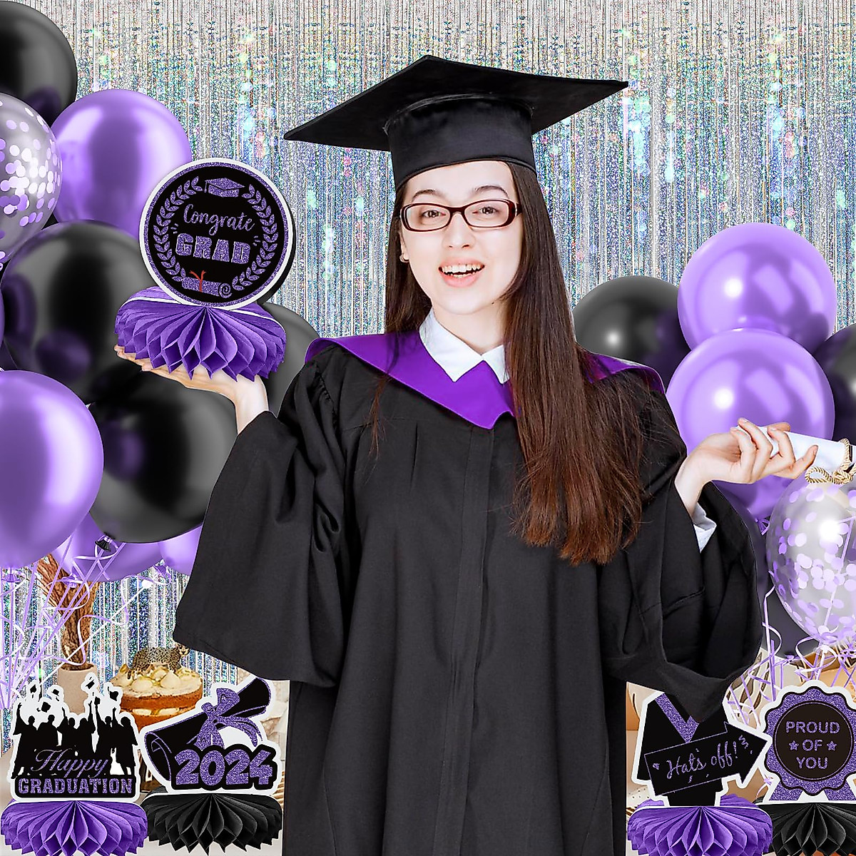 12PCS Graduation Decorations Class of 2024, Congrats Grad Table Centerpieces Graduation Honeycomb Centerpieces Grad Party Centerpieces 2024 Graduation Decorations for Party, Purple