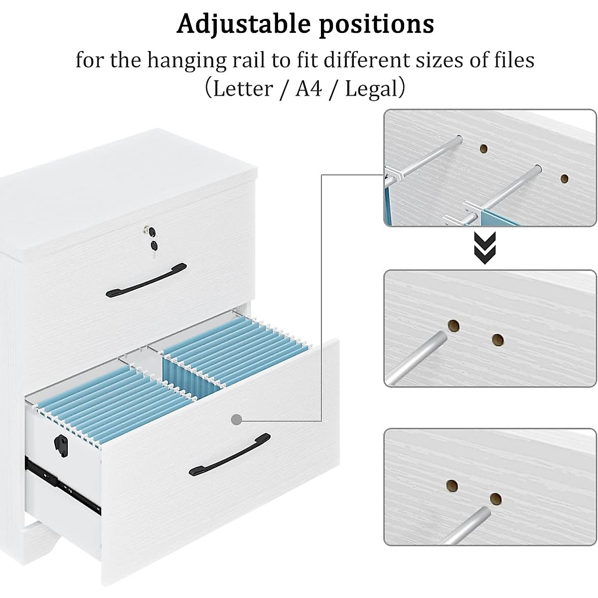 2 Drawer File Cabinet with Lock, Wooden Lateral Storage Home Office Filing Cabinet with Anti-tilt Mechanism with 8 Hanging Bars for Letter/Legal Size (White)
