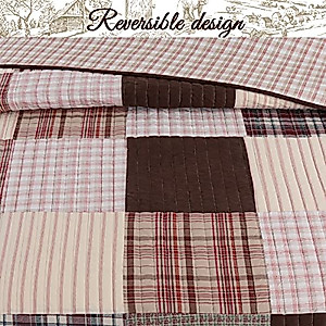 Cozy Line Home Fashions Brody Farmhouse Chocolate Plaid Striped Real Patchwork Reversible Quilt Bedding Set, Coverlet Bedspread (Brown Grid, King - 3 Piece)