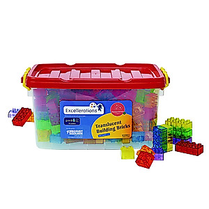 Excellerations Jumbo Translucent Building Bricks, 206 Pc Value Pack with Storage, STEM Toys, Builders, Manipulatives, Blocks from 1 inch to 2-1/2 inches, Asstd Colors, Light Table, Preschool
