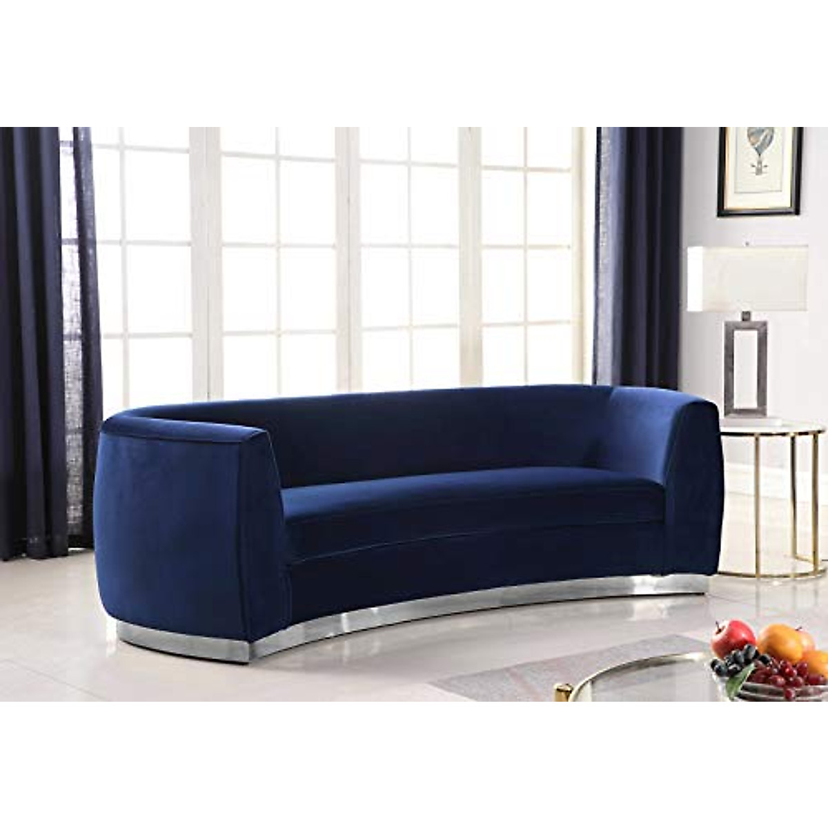 Meridian Furniture Julian Collection Modern | Contemporary Velvet Upholstered Sofa with Stainless Steel Base in Polished Chrome Finish, Navy, 91.5" W x 36" D x 28" H