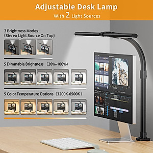 sandiea LED Desk Lamp for Home Office - 24W Bright Double Head Desk Light with Clamp Eye Caring Architect Task Light 25 Lighting Modes Adjustable Flexible Gooseneck Lamp for Workbench Drafting Study