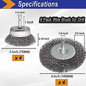 8 Pack Wire Brush for Drill, DaduoRi 3-4 Inches Wire Wheel Cup Brush Set, Drill Wire Brushes for Fast Cleaning Rust or Multipurpose Grinding (1/4" Hex Shank)