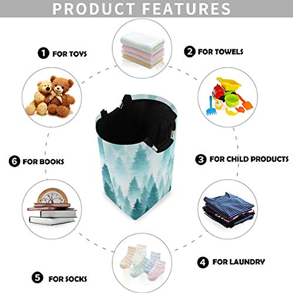 visesunny Collapsible Laundry Basket Blue Forest Large Laundry Hamper Oxford Fabric Dirty Clothes Toy Organizer with Handle for Bathroom Kids Room Dorm