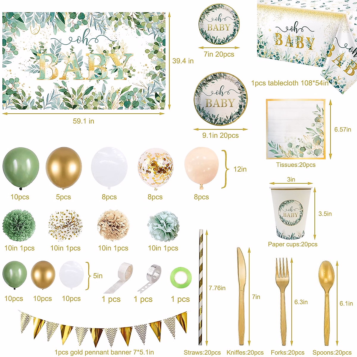 Sage Green Baby Shower Decoration for Girl Boy Kit,239 PCS YHFNDIYS Boho Greency Neutral Party Supplies (20 Guest) with Paper Plates Cups Napkins Straws Oh Baby Tablecloth Backdrop Balloons Arch Kit