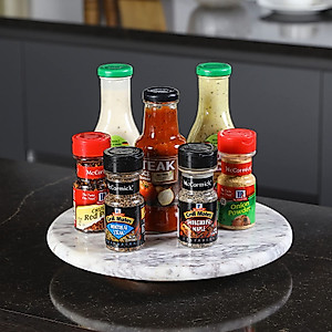 MyGift 11 Inch Natural White Marble with Acacia Wood Base Lazy Susan Serving Tray - 360 Degree Rotating Spice and Condiment Turntable - Handcrafted in India