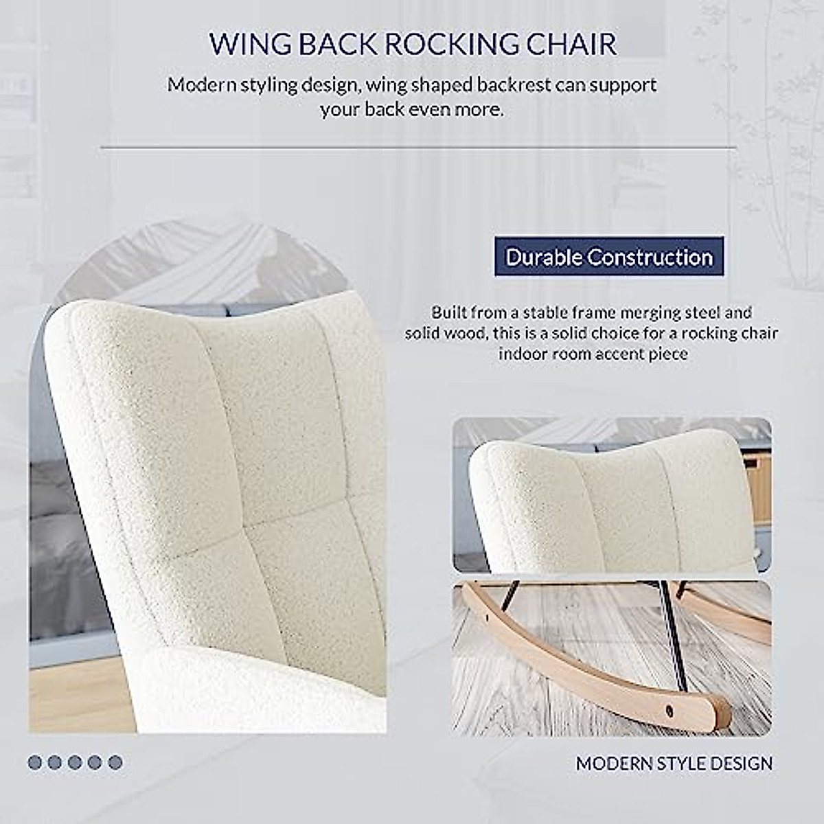 BELLEZE Rocking Chair, Nursery Chair Upholstered Glider Chair with Cushioned Back and Armrests, Wide Seat Rocker Chair for Bedroom, Nursery Room, Living Room, Office, Guest Room (Lucy - White)