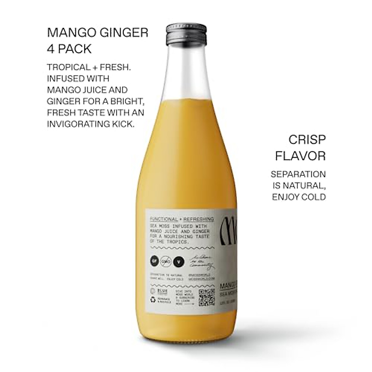MOSS - Sea Moss Water - 13,000mg of Sea Moss in a Functional Beverage with Reverse Osmosis Water, Trace Minerals, and Electrolytes - Mango Ginger 4pk