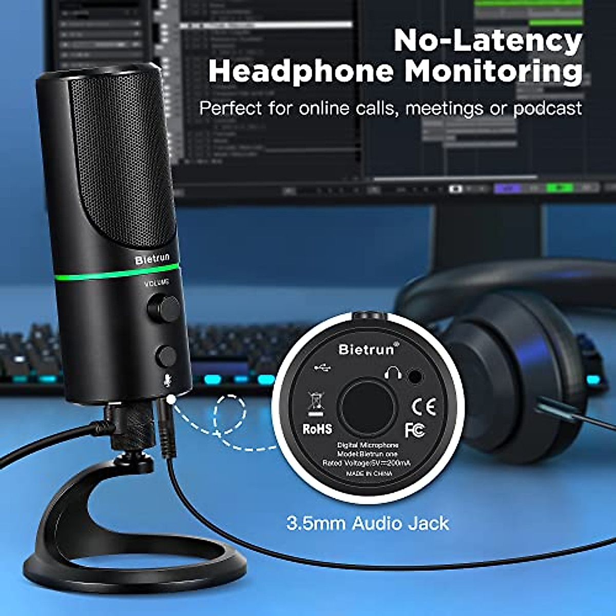 Bietrun UMKF01 Noise Reduction USB Microphone, Cardioid Pickup Pattern, Plug and Play, Adjustable Heavy-Duty Stand, 1-Year Warranty