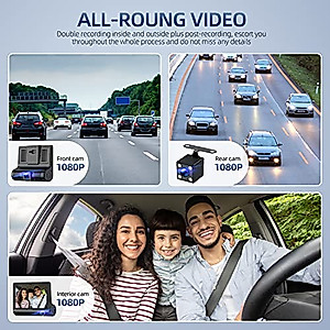 3 Channel Dash Cam Front and Rear Inside, 1080p 4 Inches 170° Wide Angle Dashcam, Dash Camera for Cars with 32GB Card, Super Night Vision, Loop Recording, G-Sensor, Motion Detection, Parking Mode