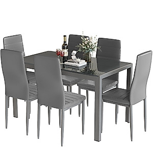 DKLGG 7 Piece Dining Table Set for 6, Glass Dining Room Table Set with 6 PU Leather Chairs, Modern Kitchen Table and Chairs Set of 6 for Small Space, Apartment