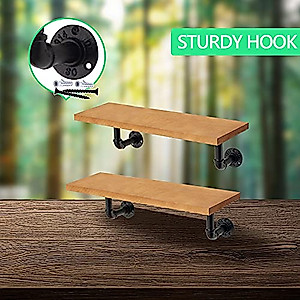 Coral Flower Reclaimed Wood Shelves with Black Industrial Pipe Brackets,Set of 2, Weathered Grey