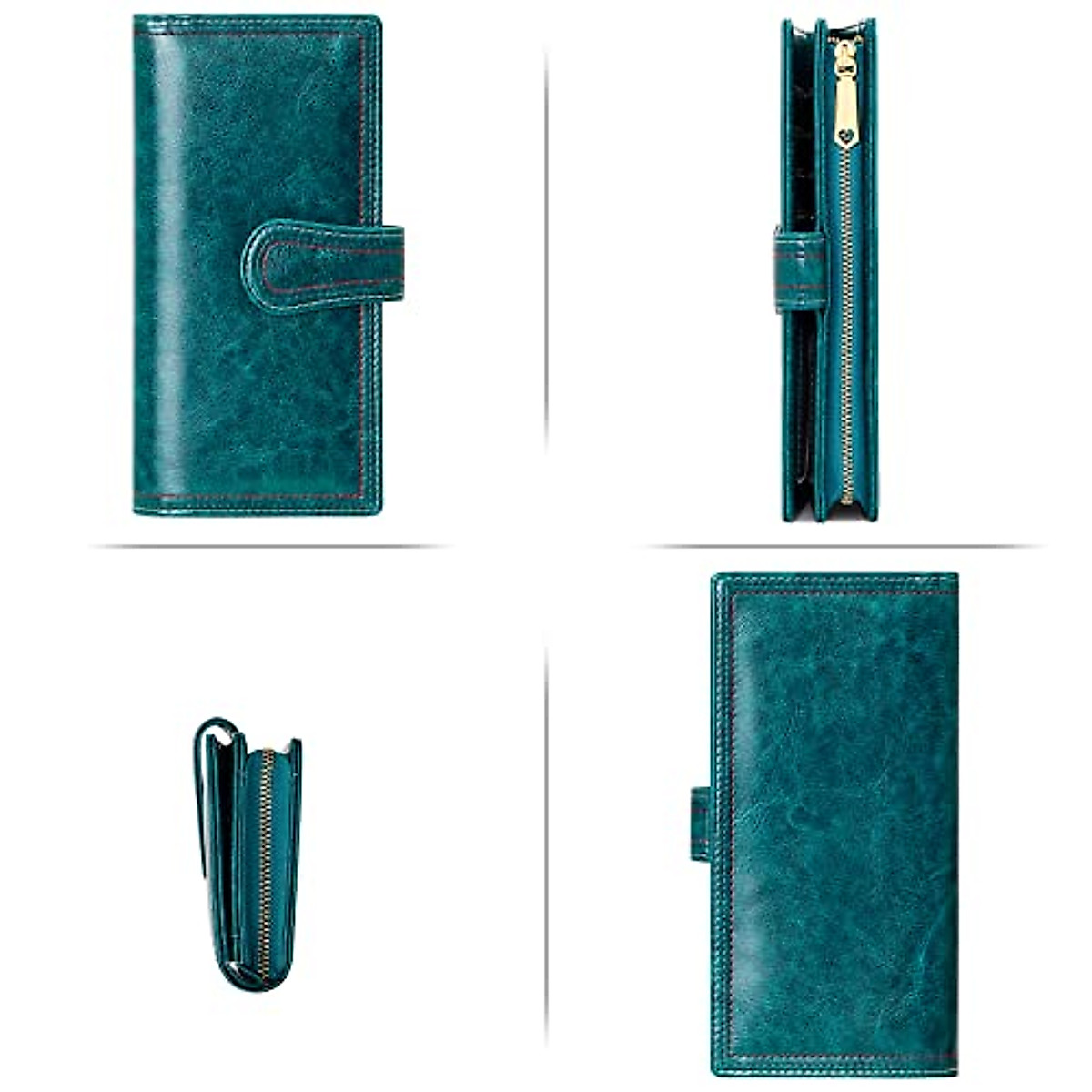 CILLA Womens Leather Wallet Large Capacity Bifold Ladies Zipper Clutch Credit Card Holder With Coin Pouch Oil Wax Design (Turquoise Green)