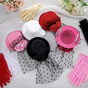 Chunyin Girls Tea Party Hats Mini Hat Hair Clip Fascinator Veil Mesh Hat and Gloves Sets Tea Party Accessories for Girls Kids Children 5.3'' Diam