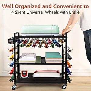 GADFISH Rolling Craft Cart and Storage Table Compatible with Cricut - Mobile Craft Rolling Storage Organizer, Crafting Table Workstation with 25 Vinyl Roll Holders for Home Craft Room