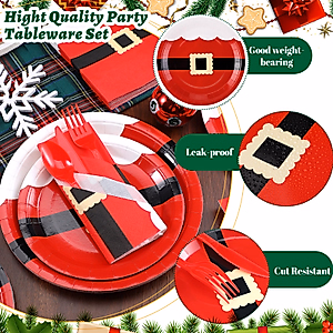 Bokon 96 Pcs Santa Belt Plates Christmas Party Supplies Disposable Party Dinnerware Set Christmas Napkins Knives Forks Spoons Christmas Party Decorations for Xmas Holiday Dinner Home Serves 24