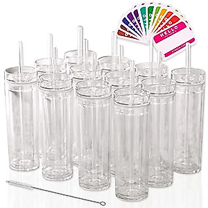 STRATA CUPS SKINNY TUMBLERS 12 Clear Acrylic Tumblers with Lids and Straws | Skinny, 16oz Double Wall Clear Plastic Tumblers With FREE Straw Cleaner & Name Tags! Reusable Cup With Straw (Clear, 12)