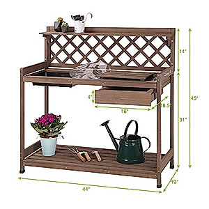 Outdoor Potting Bench, Wooden Garden Workstation Table w/Drawer, Open Shelf, Lower Storage- Extra PVC Layer