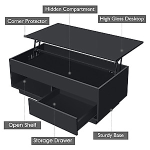 HOMMPA 40" Lift Top Coffee Table with Storage LED Coffee Table Morden High Gloss Living Room 3 Tiers Modern Tea Table with Storage Center Tables Hidden Compartment & Open Shelve & Drawer Black
