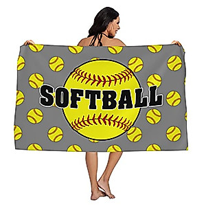 LOTSFUNS Softball Beach Towel Yellow Softball Sports Balls on Grey Bath Towels, Personalized Softball Accessories for Girls Kids, Lightweight Quick Dry Sandproof Pool Towels, Oversized 31.5x51.2