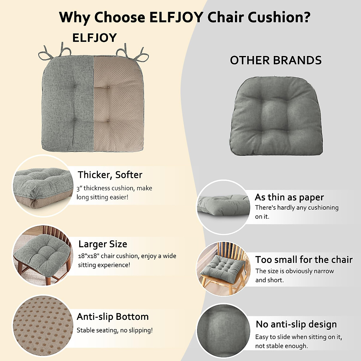 ELFJOY Chair Cushions for Dining Chairs Set of 4 Office Chair Cushion 18x18x3 Inches Kitchen Chair Pads Soft and Comfortable Seat Cushion with Ties and Non Slip Backing,Light Grey