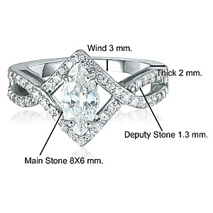 SEA OF ICE 925 Sterling Silver 10x5mm Marquise-Cut Cubic Zirconia Halo Anniversary Engagement Wedding Ring, Sizes 5 to 10 (Silver, 7)