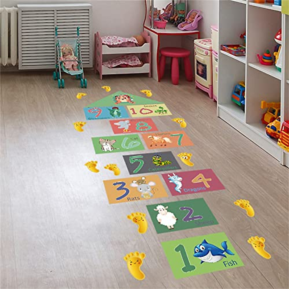 Hopscotch Game Wall Sticker Floor Decal, Cartoon Animal Digital Floor Wallpaper, Decoration for Baby Kids Room Nursery Kindergarten Classroom Playroom Decor Wall Decor (Hopscotch Game)