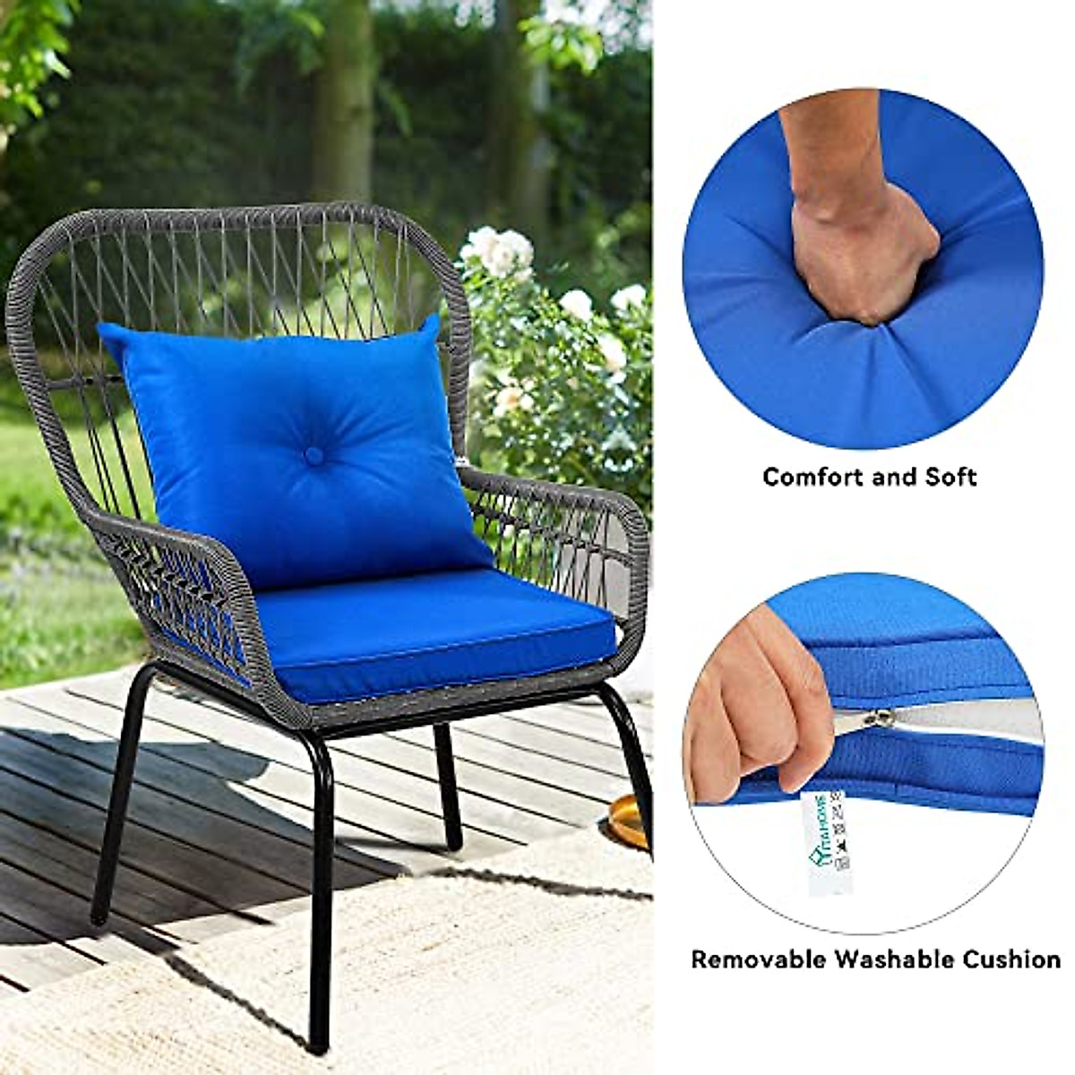 YITAHOME 3-Piece Outdoor Patio Furniture Wicker Bistro Set, All-Weather Rattan Conversation Chairs for Backyard, Balcony and Deck with Soft Cushions, Glass Side Table (Gray+Navy Blue)