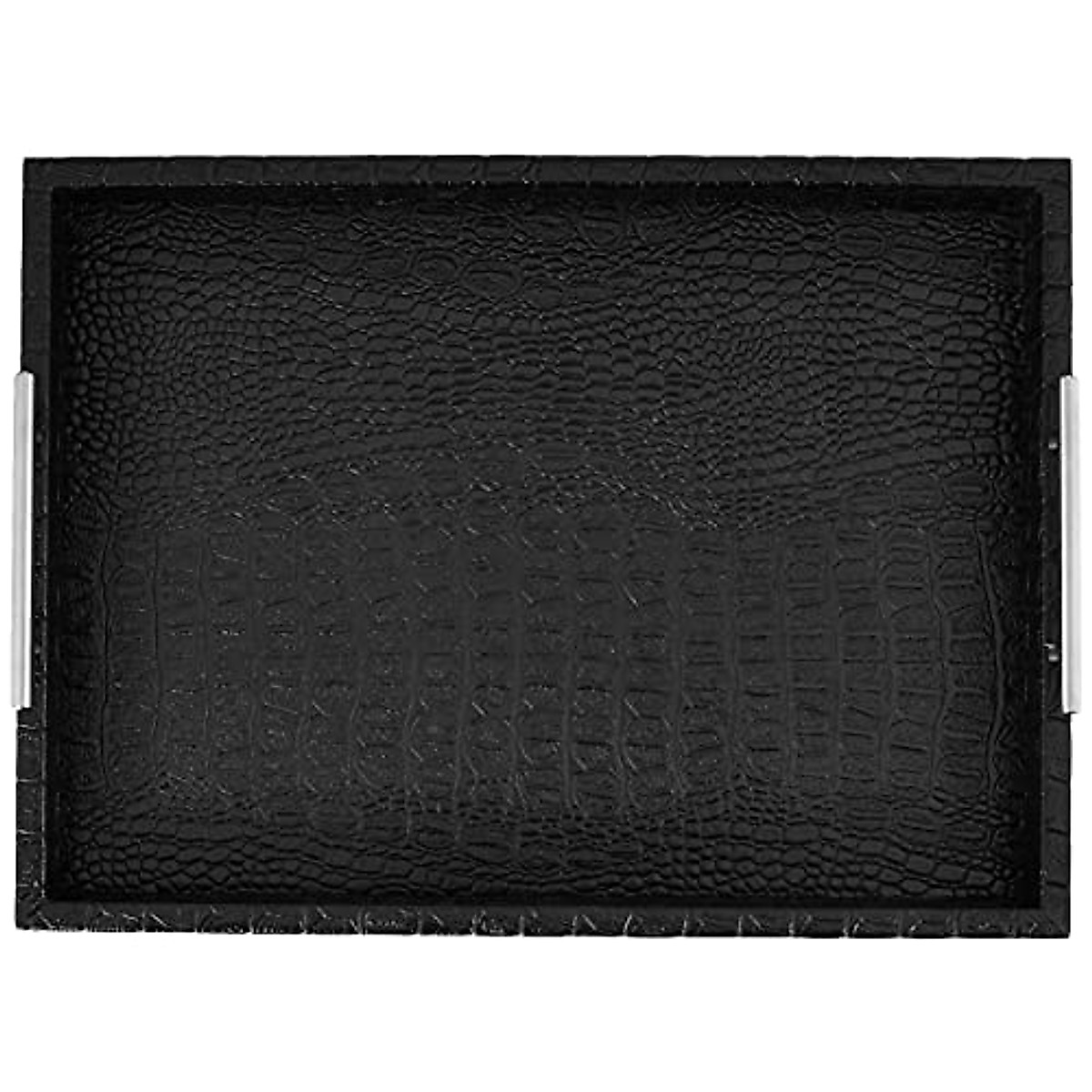 American Atelier Alligator Leather Serving Tray with Metal Handles, Black Large