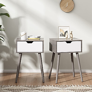 JAXPETY Set of 2 Modern Wood Nightstand, Bedside Table with Drawer, Night Stand, End Table with Solid Wood Legs for Bedroom Home, Grey