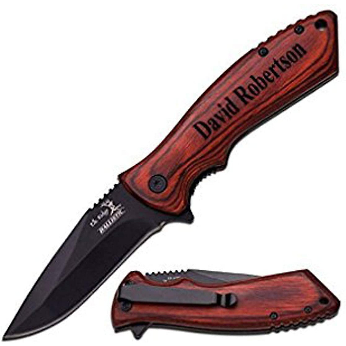 Blue Steel Personalized Laser Engraved Pocket Knife with Stonewashed Blade, Brown wood Handle with Pocket Clip, Gift for Him, Color Code- ER-004PW (ER-002PK)