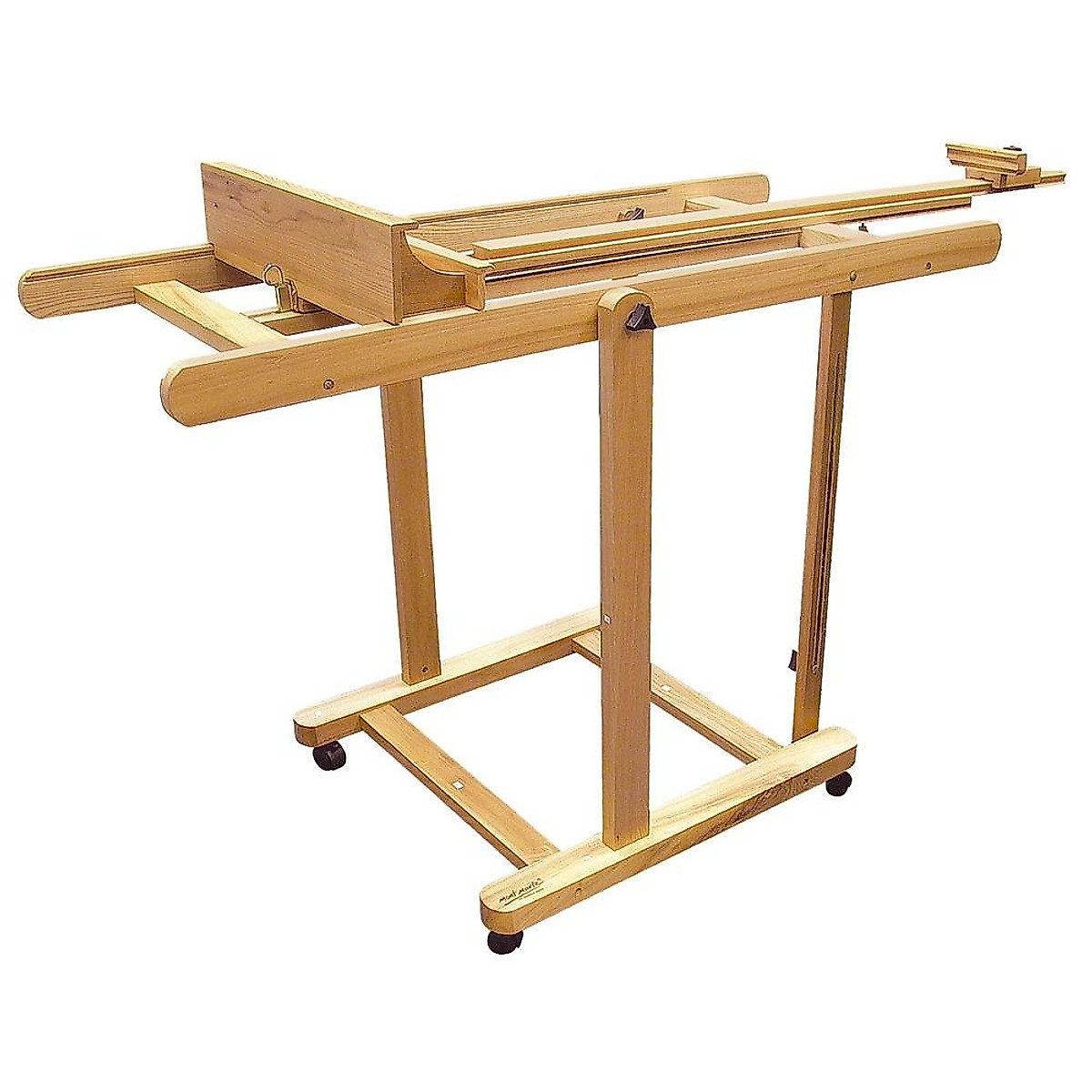 Mont Marte Tilting Studio Wooden Floor Easel. Height Adjustable Extra Large H-Frame Featuring a Large Tilt Range. Castor Wheels Allow Easy Movement and Can Be Locked into Place.