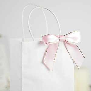 AIMUDI Pink Twist Tie Bows for Treat Bags 3.5" Premade Pink and Gold Bows for Crafts Pre-Tied Pink Bows for Baby Shower, Cello Bags, Wedding Favors, Gift Wrapping, Party Decorations, 50 Counts