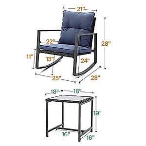 Pyramid Home Decor 3-Piece Rocking Bistro Set - Durable & Stylish Synthetic Wicker Outdoor Furniture - Glass Coffee Table with 2 Chairs for Balcony, Patio & Porch - Black Metal, Soft Green Cushions