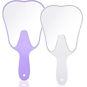 Jetec 2 Pieces Tooth Shaped Handheld Mirror Cute Makeup Mirror Hand Held Plastic Dental Mirrors with Handle Cosmetic Hand Mirror Back to School for Women Men Gifts(White, Purple)