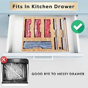 Silk N Sage Bamboo Storage Bag Organizer - 6 in 1 Foil and Plastic Wrap Organizer with Cutter suitable for Gallon, Quart, Sandwich Bag and Wrapping Papers.