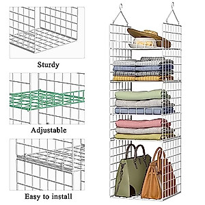 Yociyoga 5 Tier Closet Organizers and Storager, Adjustable Hanging Shelf Metal Wire Wardrobe Basket with 2 Sturdy Hooks for Bedroom, Livingroom (White)