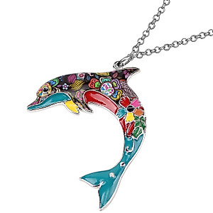 BONSNY Ocean Collection “BLUE” Statement Enamel Alloy Dolphin Necklace Pendant 18" (Multicolor)