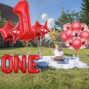 Red One Balloon for First Birthday, Red 1 Balloon with Confetti Balloons Set, Red Star Balloons, Crown Balloons for 1st Birthday Girl Decoration, Number One Balloon for 1st Birthday Balloons Décor
